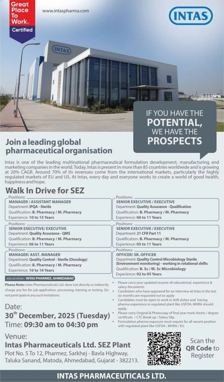 Intas Pharma Jobs for QA QC Walk In 30 Dec 2025 - Pharmakey