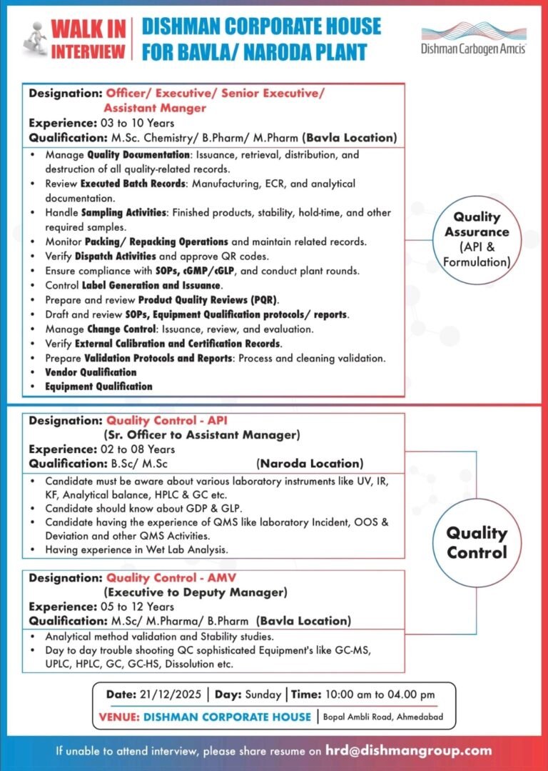 Dishman Pharma jobs in Ahmedabad – R&D QA QC Production Softgel Walk-In ...